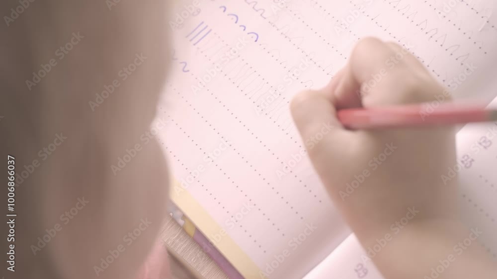 preschooler practices writing alphabet, showing early signs literacy ...
