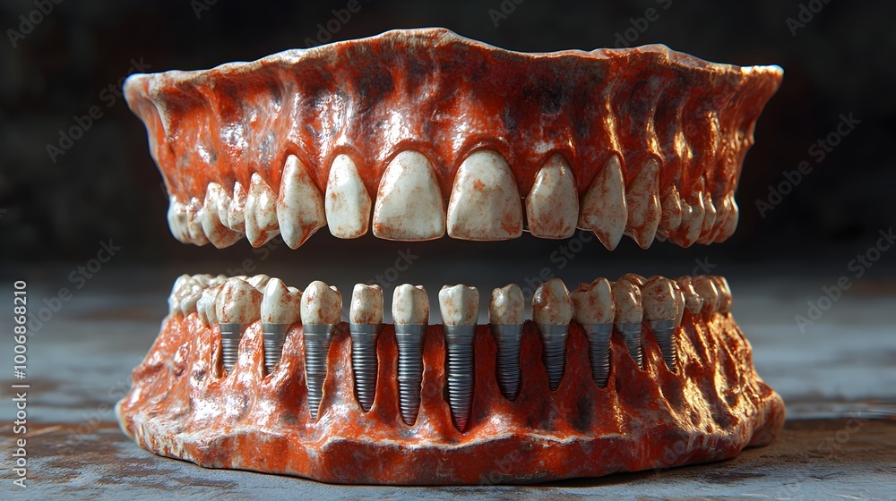 3D Render of Detailed Dental Implant Setup Showcasing Metal Posts and ...