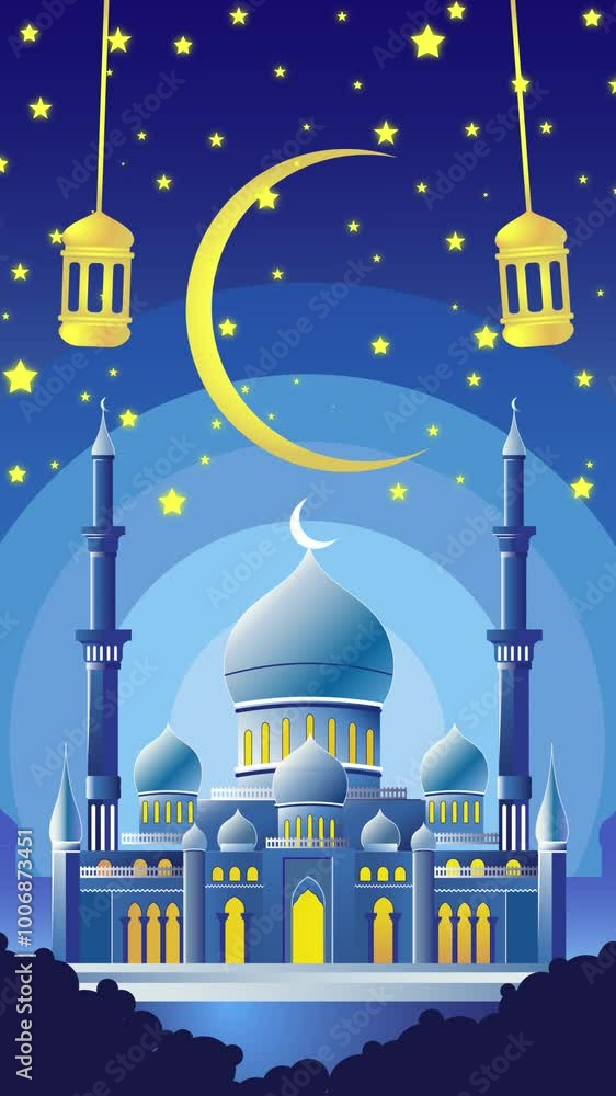 cartoon animation loop Islamic mosque vertical portrait at night with ...