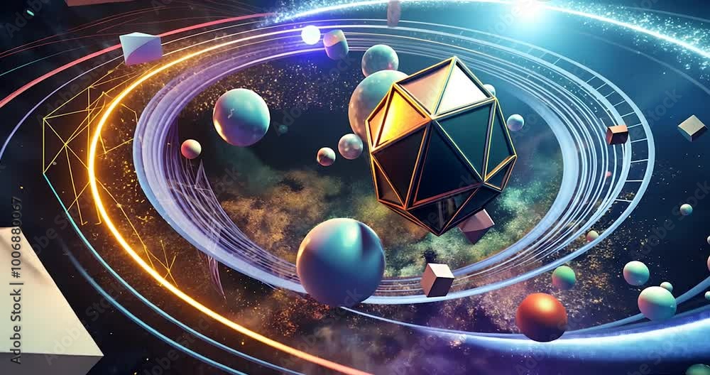 Vibrant cosmic digital artwork with geometric shapes in 3D space 8k 4k ...