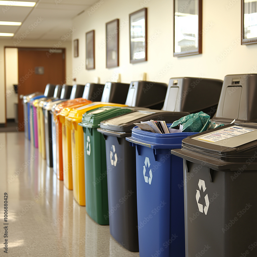 Recycling bins line hallway of city government office, showcasing ...