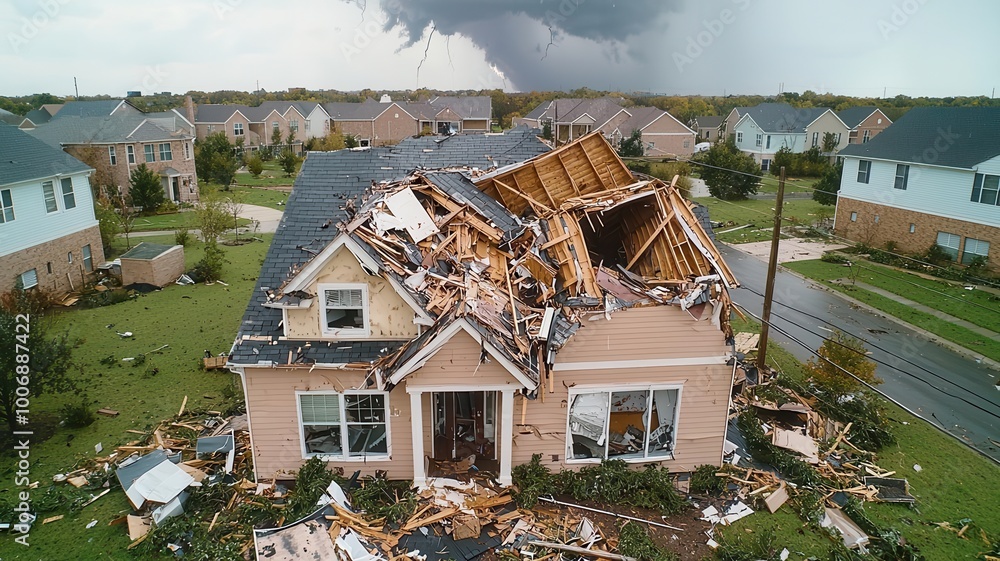 Severe storm ripping off roofs and downing power lines in a suburban ...