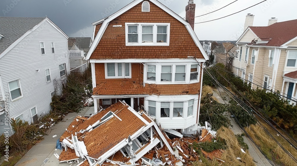 Foto de Severe storm ripping off roofs and downing power lines in a ...