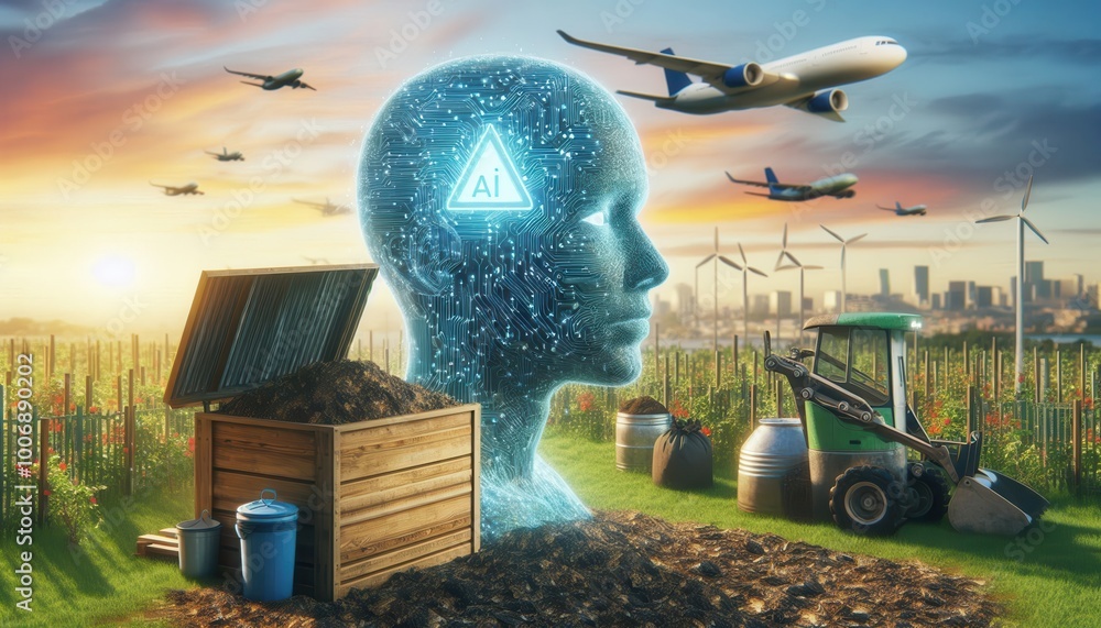 A holographic human head representing AI oversees a composting site on ...