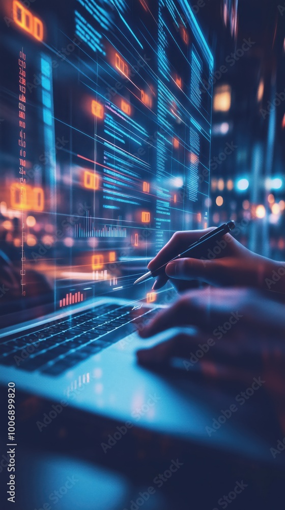programmer hands typing coding screen digital interface blue glowing ...