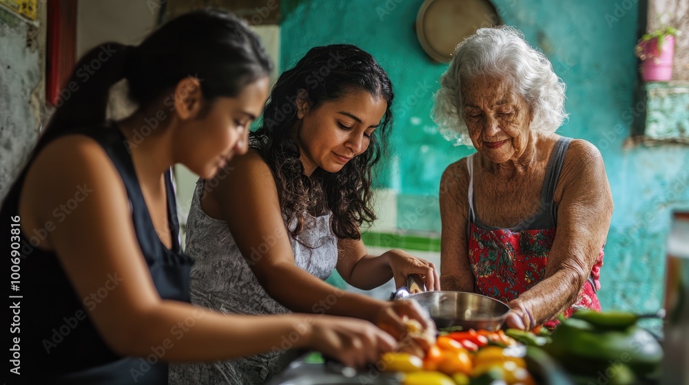 latin grandmother and granddaughter, daughter cooking mexican food at ...