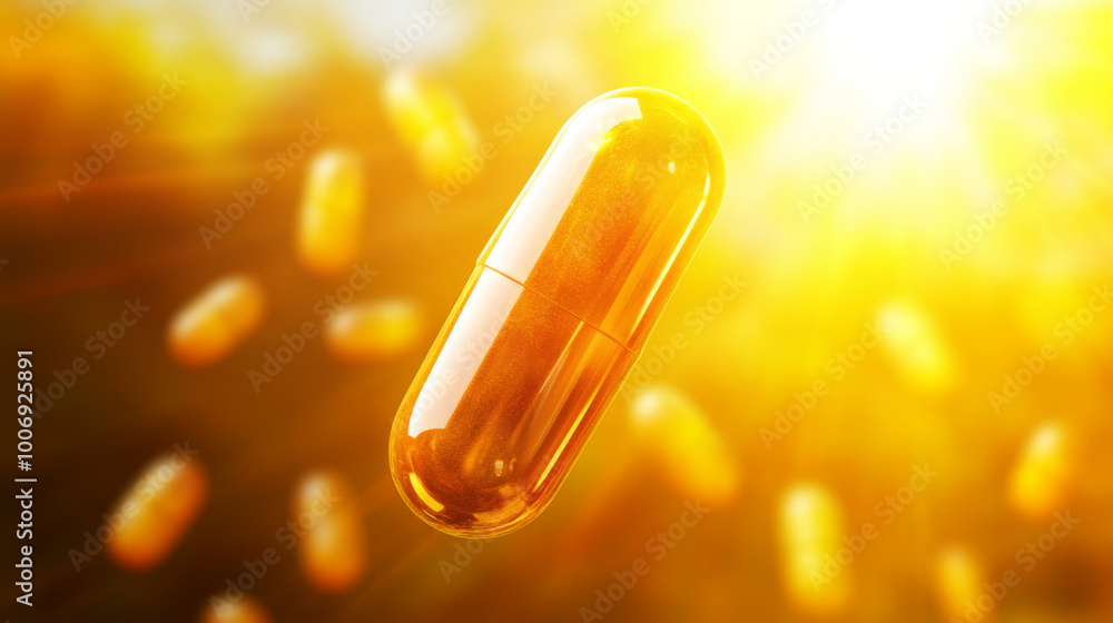 golden capsule floats in mid air, surrounded by radiant glow and other ...