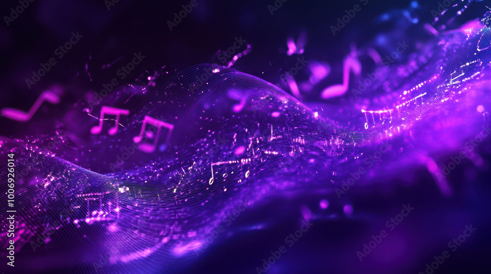Abstract sound waves and musical notes in deep purples and indigos ...