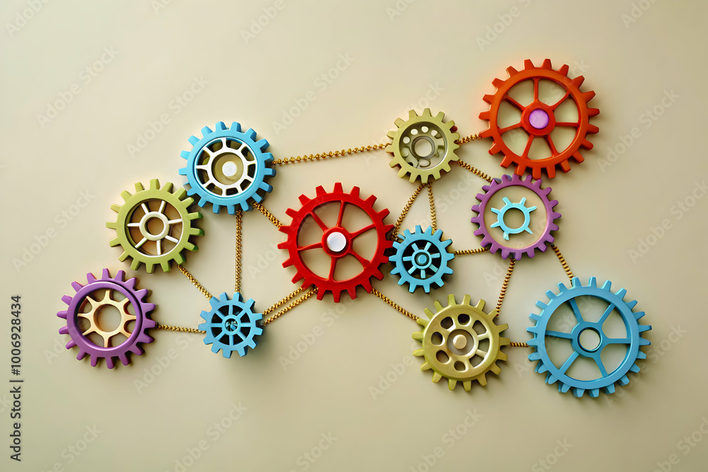 Interconnected Gears: A network of colorful gears interlocked with chains, symbolizing ...