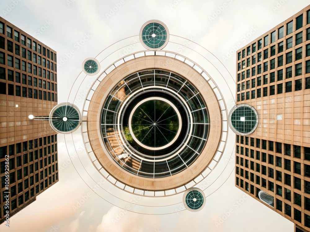 Cosmic Cityscape: Two towering skyscrapers embrace a central, circular ...