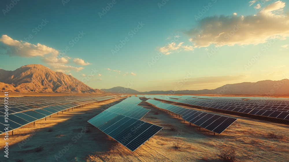 A large desert solar farm with rows upon rows of panels stretching to ...
