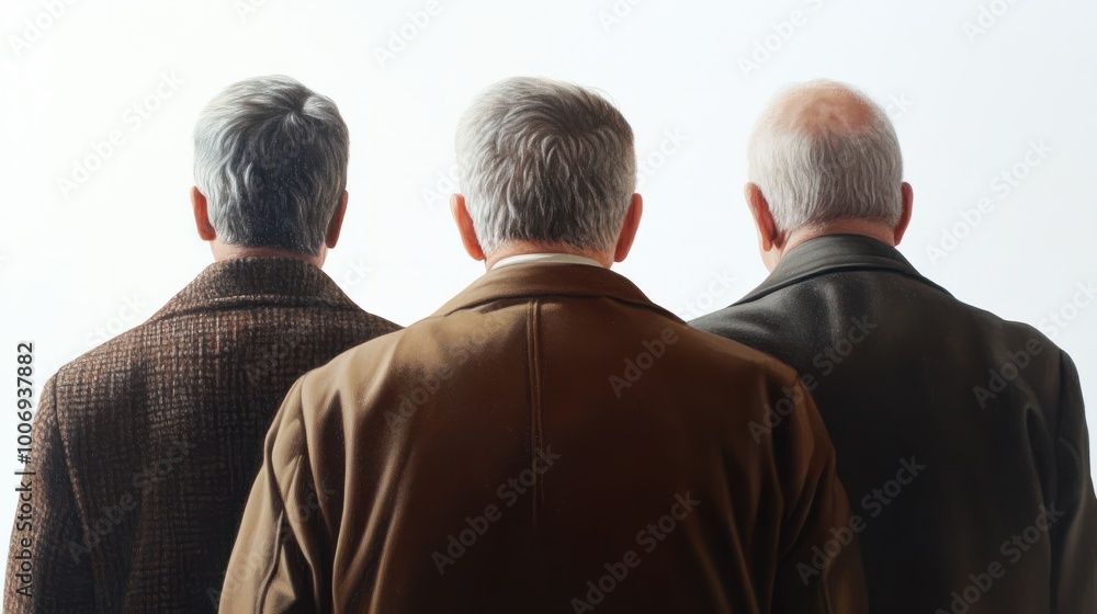 Three generations of men, aligned by age, shown from the back ...