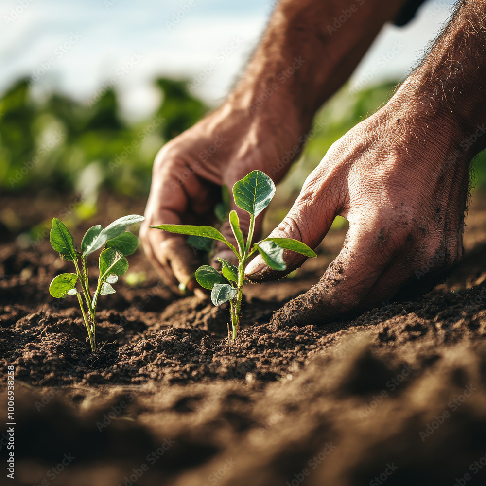 farmers hands gently planting seedlings in rich soil, showcasing care ...
