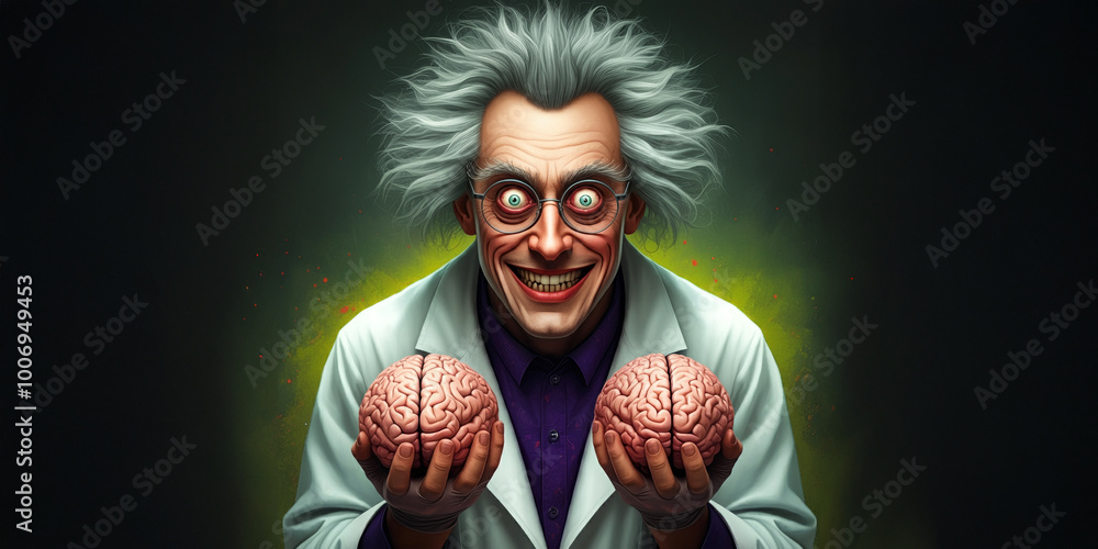 Crazy Mad Scientist Doctor with Brain, Science Image, Intense Wild Hair ...