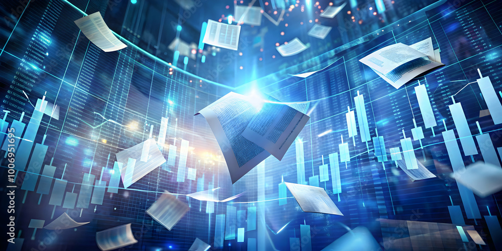 Data Storm: Abstract data visualization depicts a storm of documents and graphs, symbolizing the ...