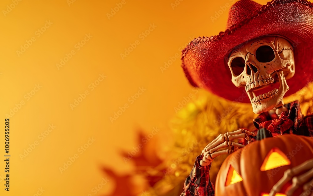 Dressed-up skeleton in cowboy clothes, holding a jack-o'-lantern ...