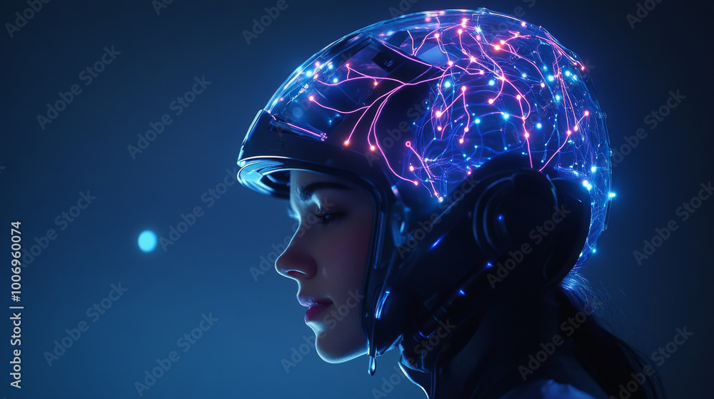 Neural interface helmet with glowing neural pathways, designed for non ...