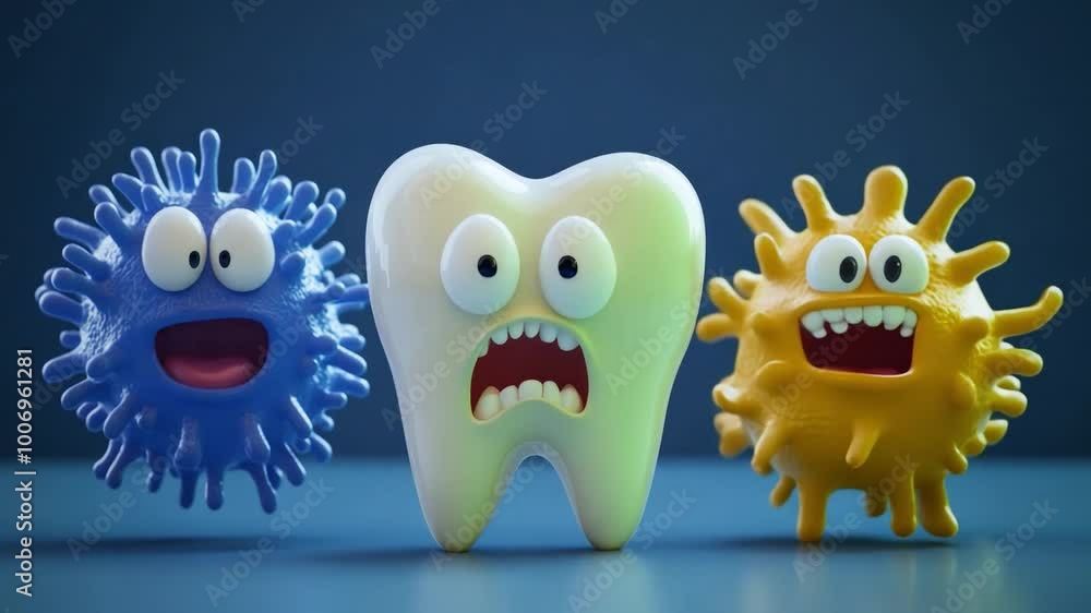 A scared tooth character displays fear while flanked by lively blue and ...