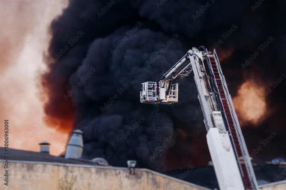 Firefighters use telescopic tower during massive large blaze fire ...