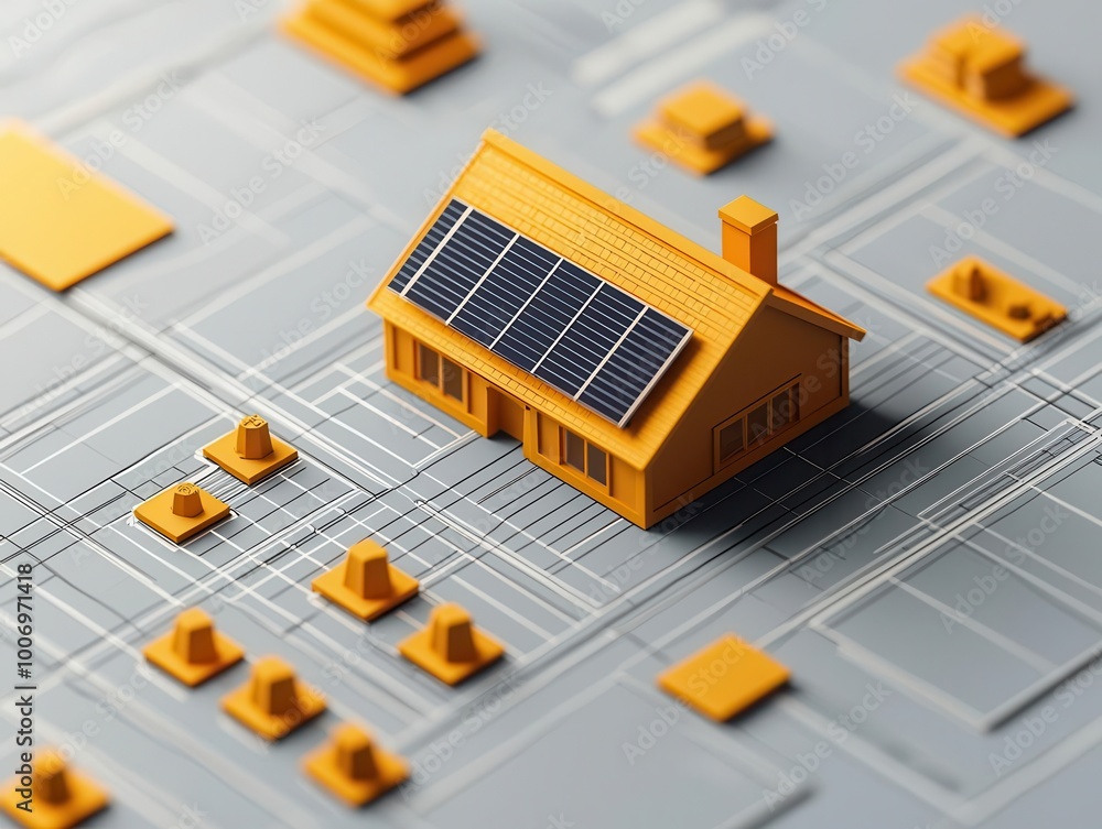 Engineers installing solar panels with floating cost-benefit charts ...
