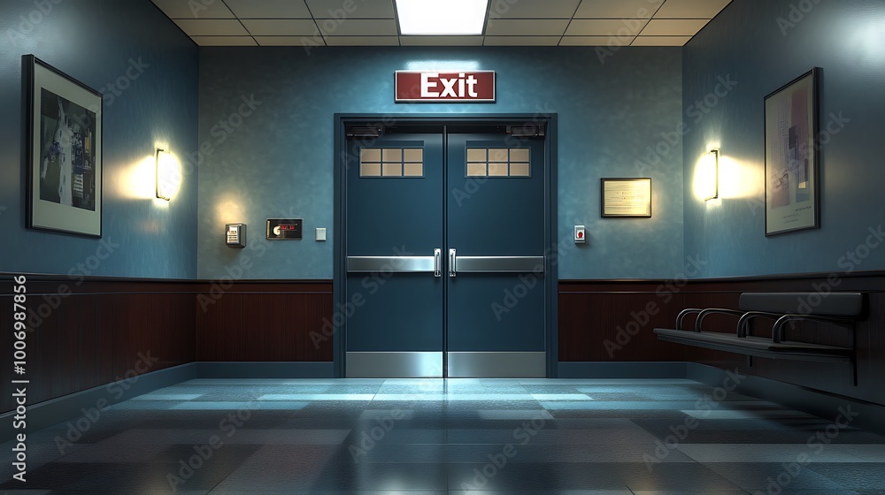 A simple emergency exit door featuring a solid steel construction ...