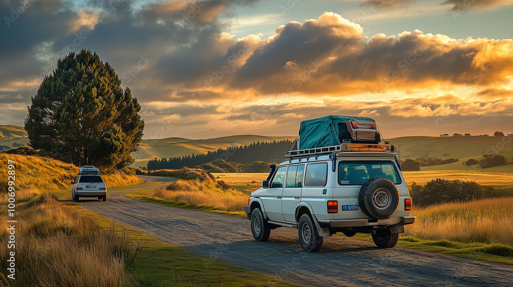 4WD Road Trip Along Coastal Road in New Zealand with Light Rain Stock ...
