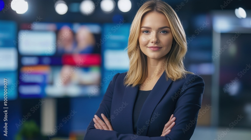 Professional female news anchor standing in a modern television studio ...