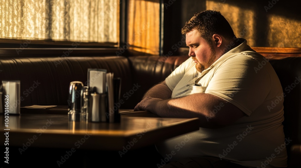 Obese man sitting alone in a dimly lit restaurant booth contemplating ...