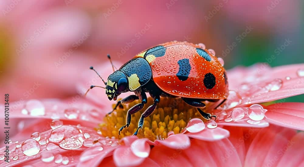 ladybug is sitting on a pink flower. The flower is wet and the ladybug ...