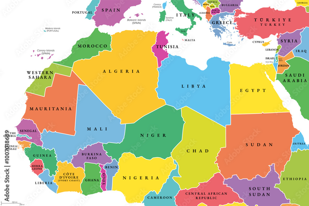 North Africa, political map with multi colored silhouettes of single ...
