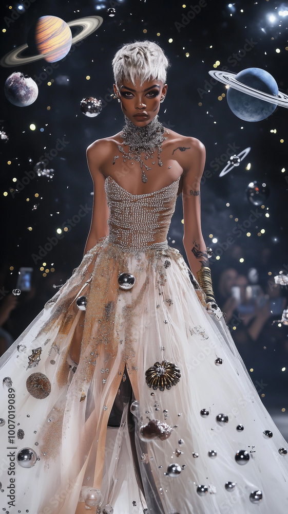 Futuristic Top Model walking on the catwalk during the Fashion ...