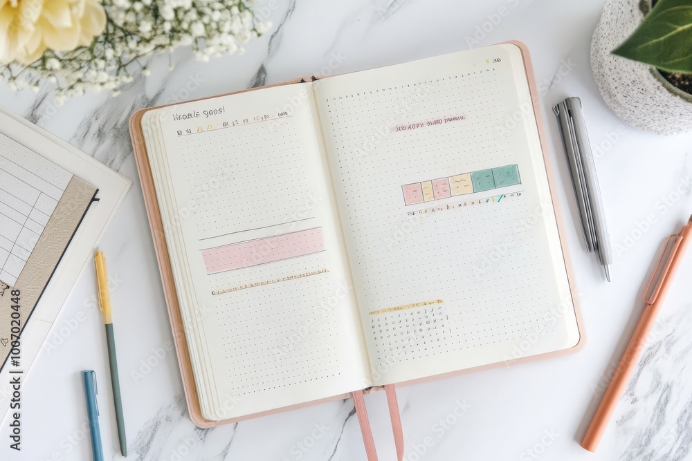 A minimalist bullet journal spread with clean lines and soft pastel ...