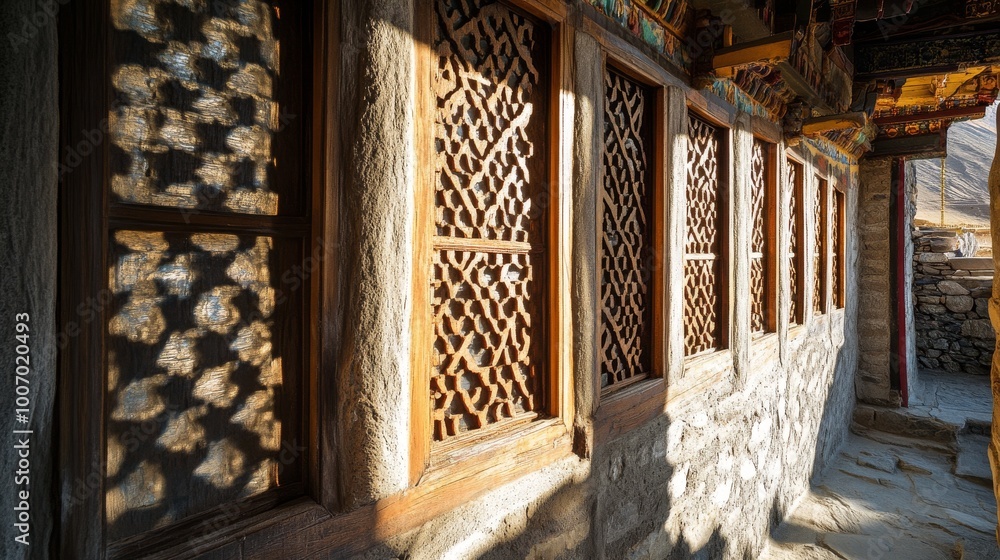 The intricate stone lattice windows of a Ladakhi palace, allowing light ...