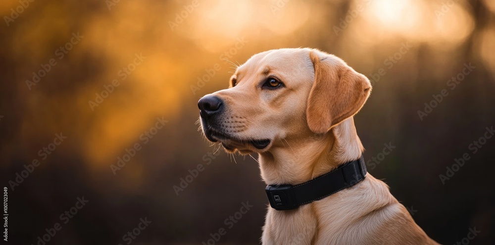 Dog golden retriver with futuristic pet collar with GPS tracking and ...