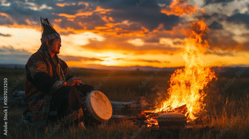 A traditional Mongolian shaman performing a ritual at sunset, with ...