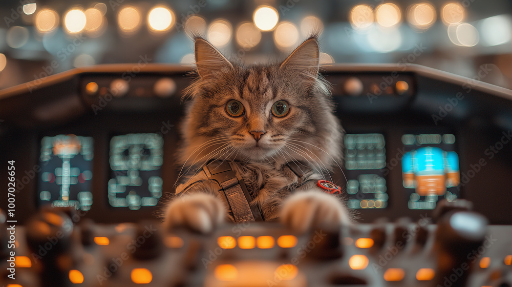 Cat dressed as an airline pilot, sitting in a mini cockpit with ...