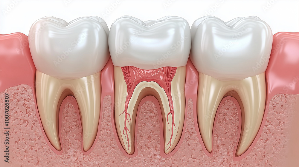 Realistic cross-section of a molar undergoing a root canal, showing the ...