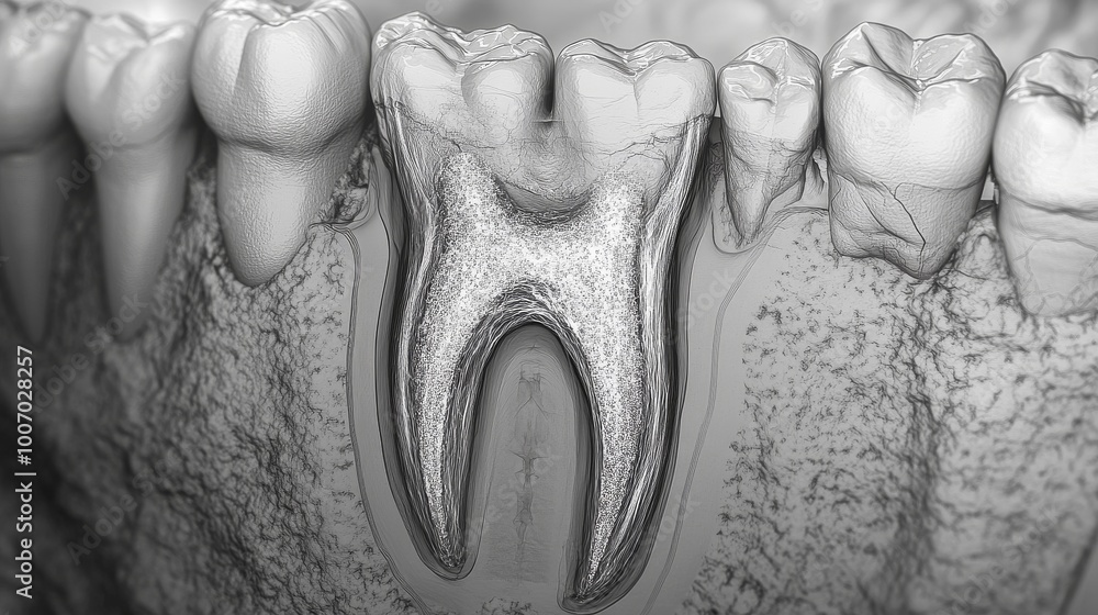 A detailed 3D picture showing the inside of a tooth root, as seen on an ...