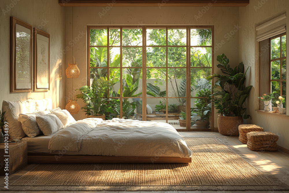 A bedroom with a calming color palette and soft textures, creating an ...