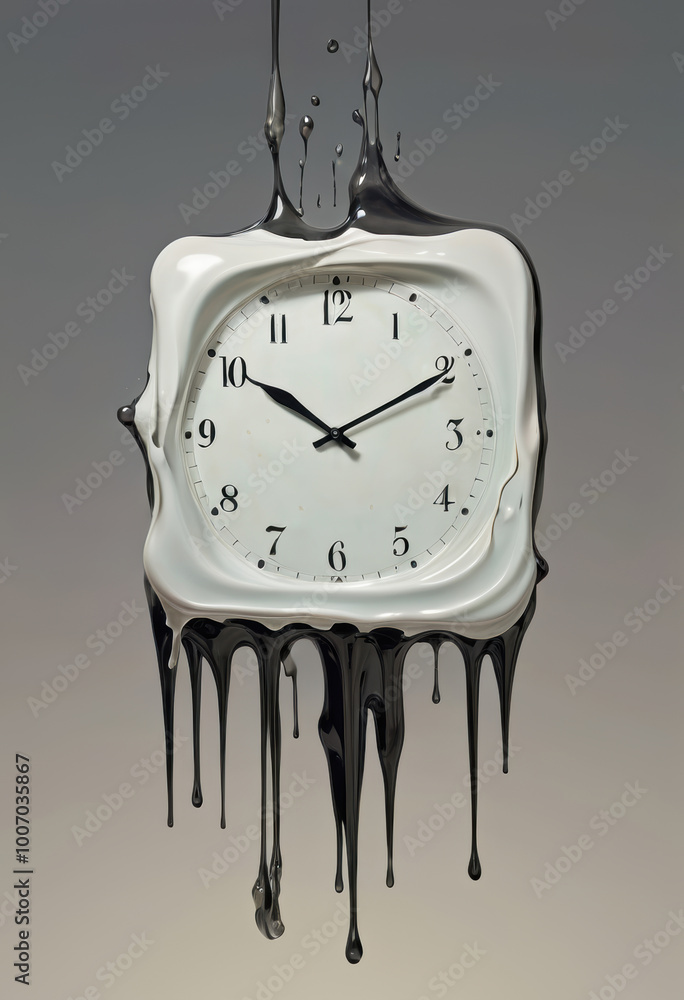 A surreal depiction of time, featuring a clock melting into liquid ...