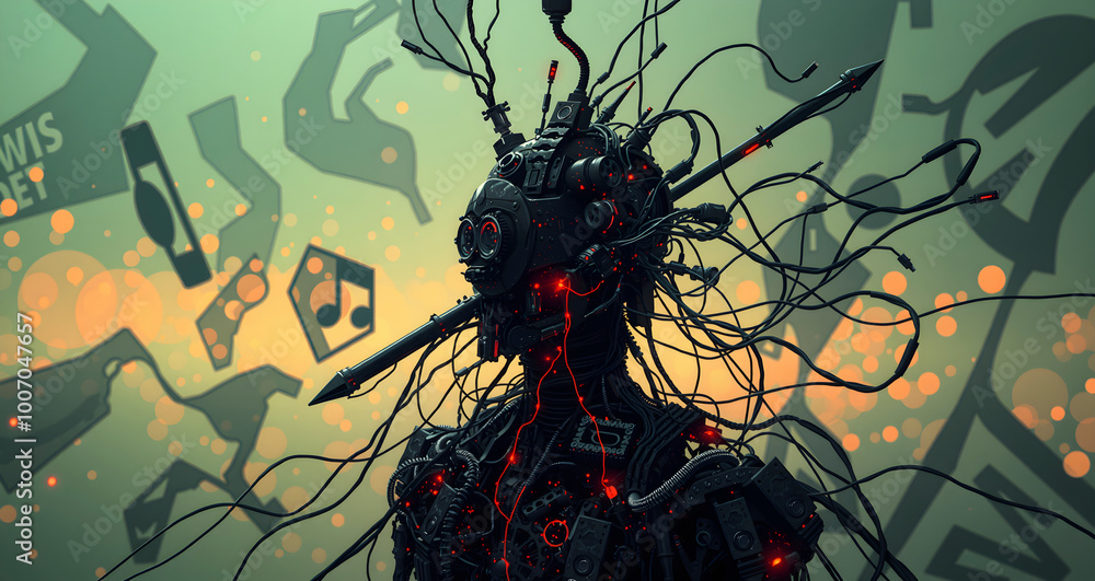 a disturbing wallpaper in cyberpunk style with an android robot-like ...