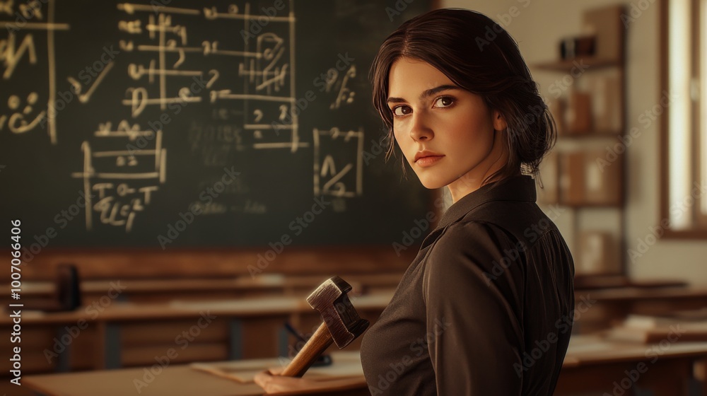 photorealistic image, a beautiful woman philosopher dressed as a math ...