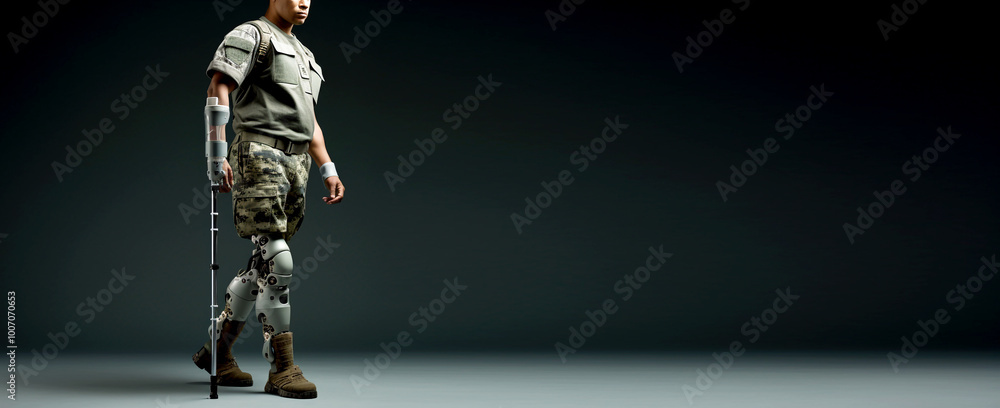 A proud veteran warrior standing tall with a prosthetic leg and ...