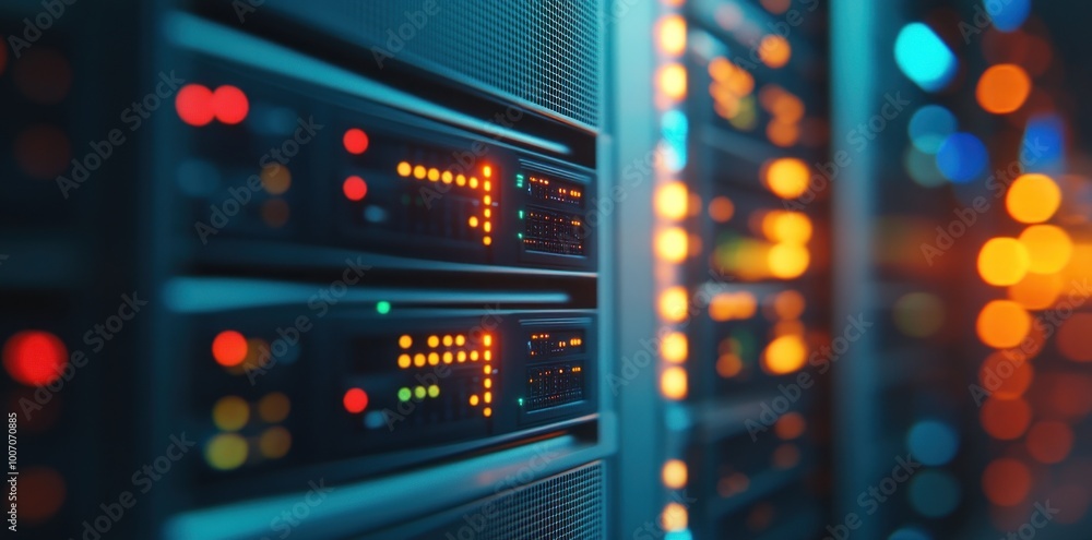 close-up view on server rack with data and connection lights in dark ...