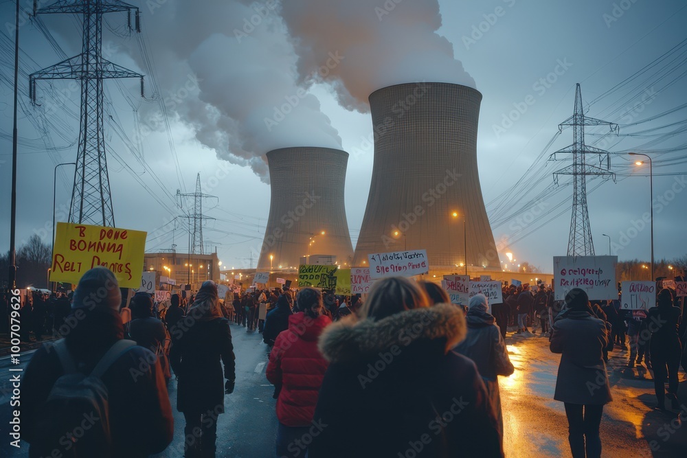 Large nuclear power plant with crowd protesting environmental impact ...