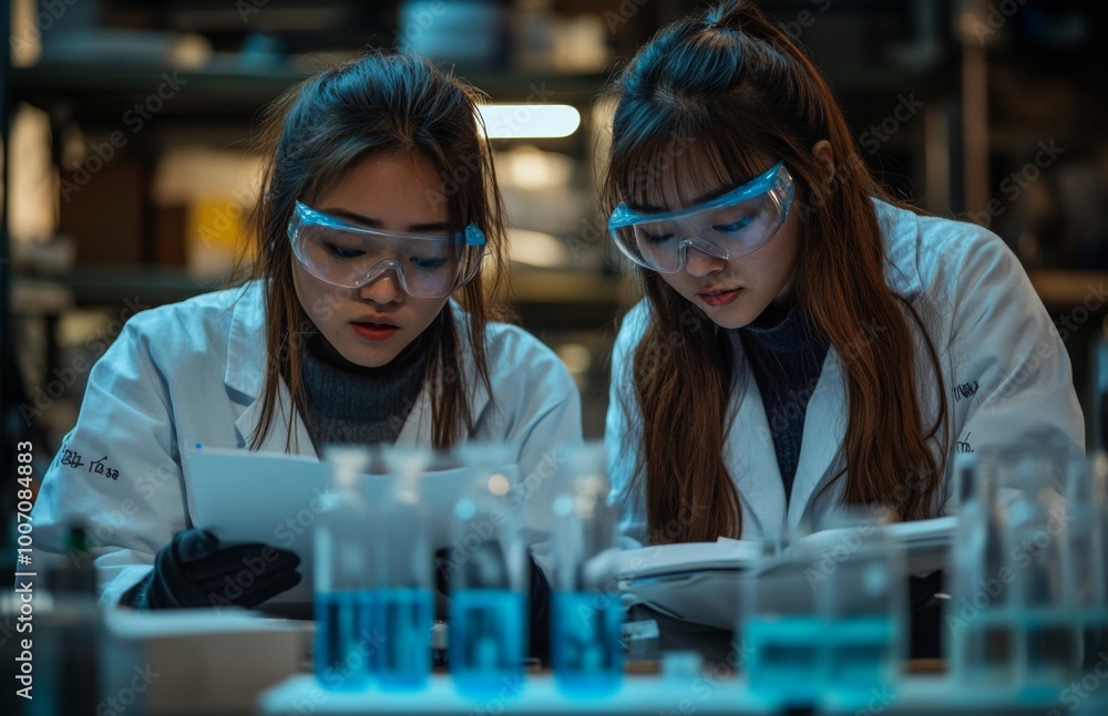 Two Asian Female Scientists Working At Night Conducting Experiments