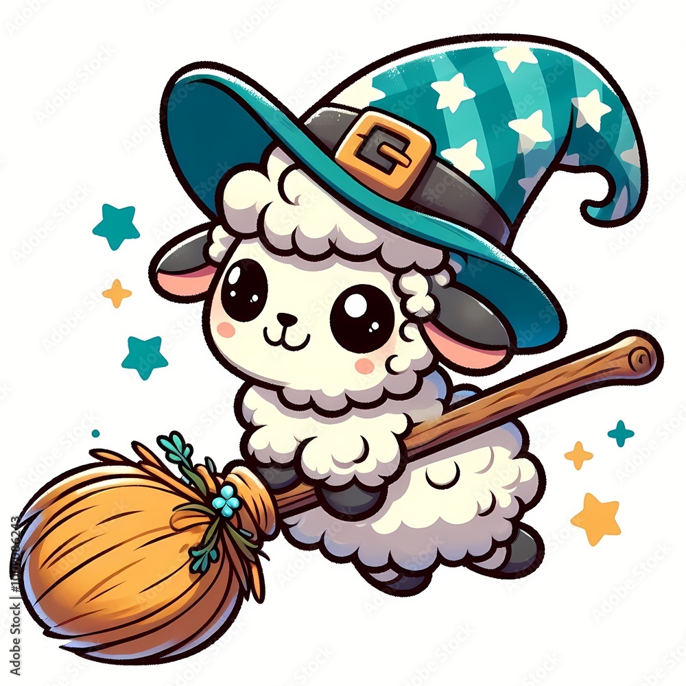 Cute Witch Sheep Flying With Magic Broom Cartoon Vector Icon ...