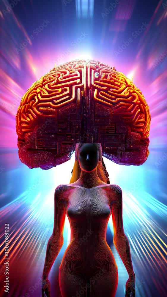Vertical animation brain light reflection background woman connected ...