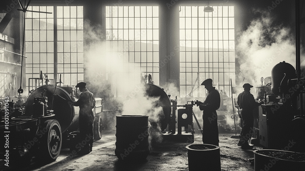 black and white photo capturing workers in 1920s factory, surrounded by ...