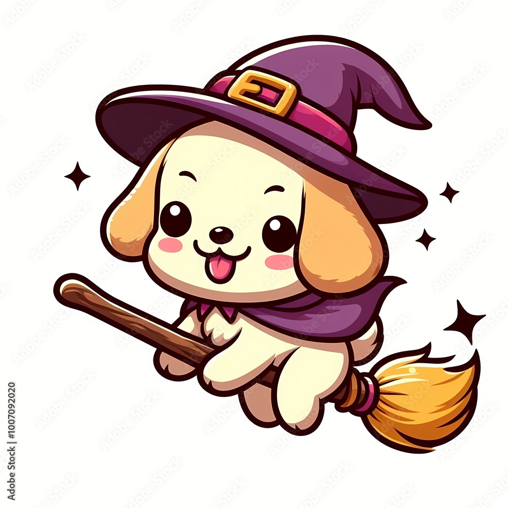 Cute Witch Dog Flying With Magic Broom Cartoon Vector Icon Illustration ...